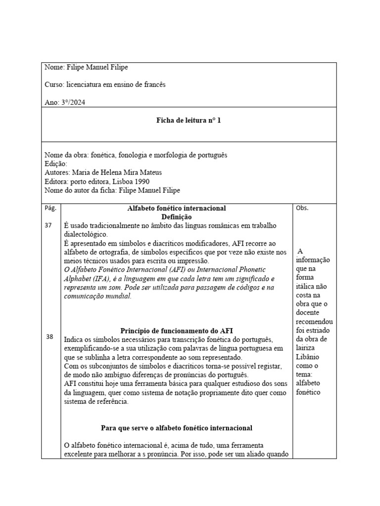 Ficha de Leitura Filipe 034 | PDF | Fonética | Fonologia