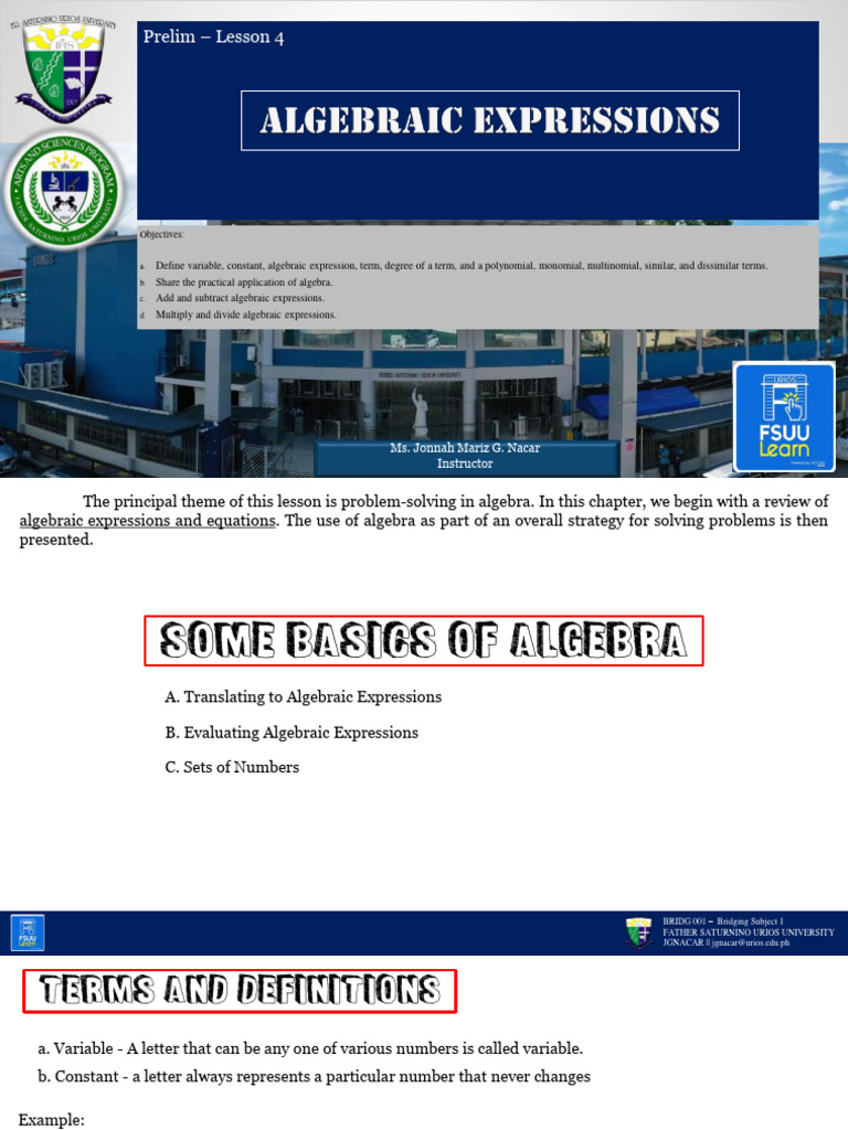 Lesson 4 Algebraic Expression | PDF | Equations | Algebra