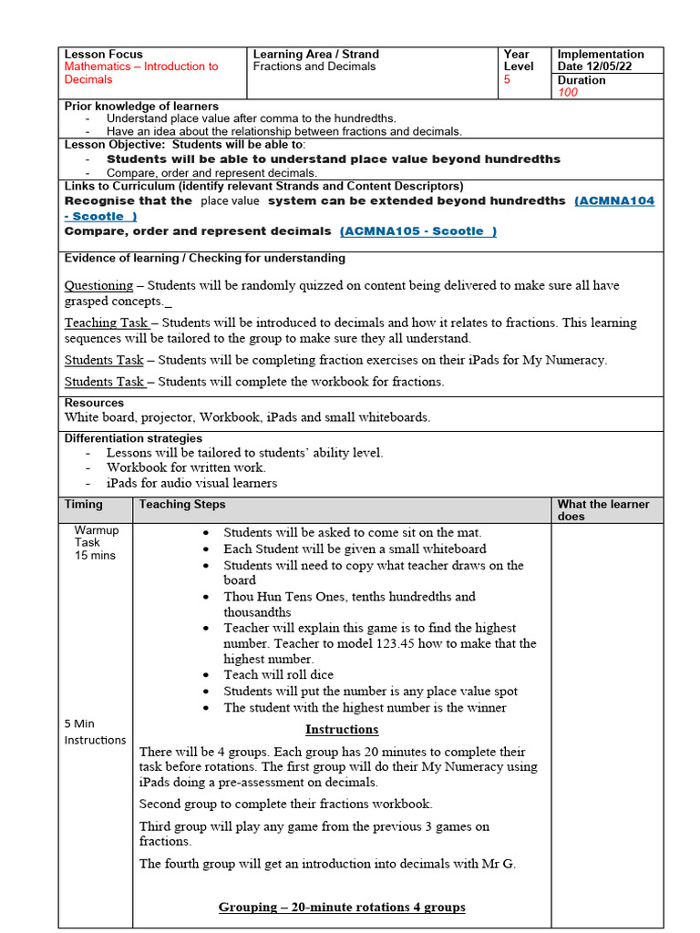 Lesson Plan Introduce Maths Decimals | PDF | Decimal | Learning