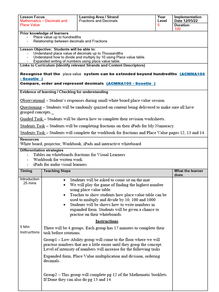 Grade 5 Decimal Place Value Lesson Plan | PDF | Learning | Lesson Plan