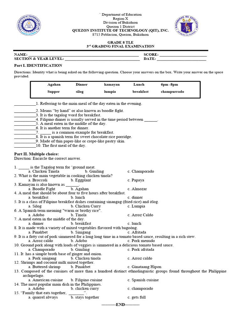 Grade 8 TLE EXAMINATION | Download Free PDF | Meal | Lunch