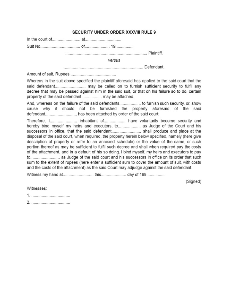 Security Under Order Xxxviii Rule 9security Under Order Xxxviii Rule-9 ...