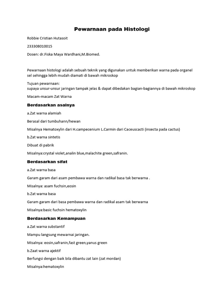 Pewarnaan Pada Histologi | PDF | Kajian Bahasa Asing | Kesehatan Holistik