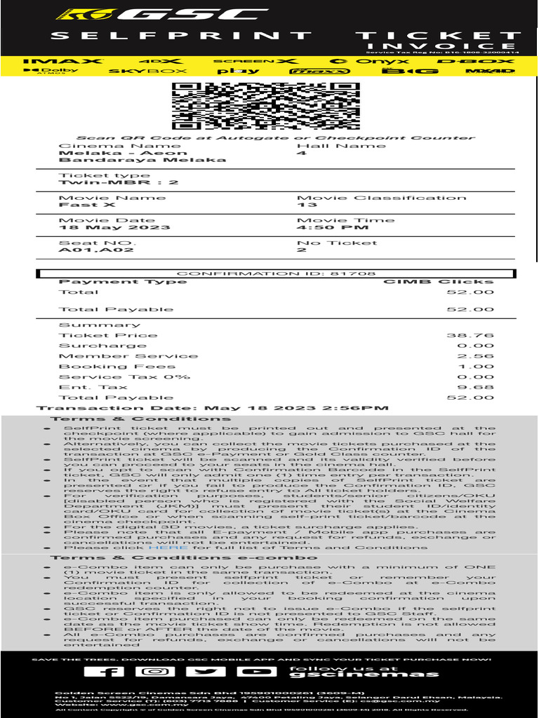 GSC SelfPrint Ticket | PDF | Ticket (Admission) | Movie Theater