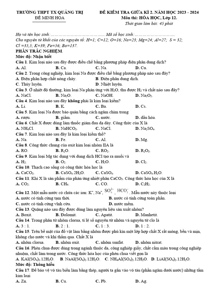 H12 - De minh họa kiem tra GHK 2 | PDF