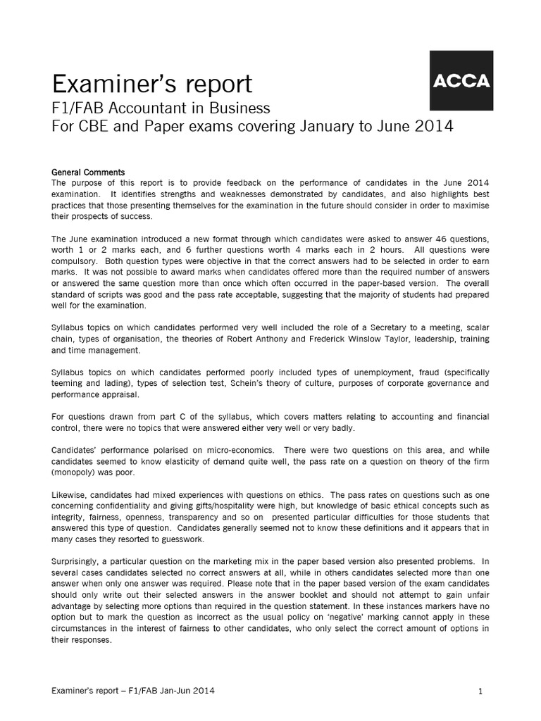 F1/FAB June 2014 Exam Performance Report | PDF | Unemployment | Question