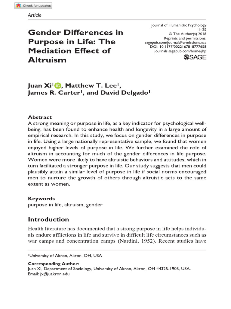 Gender Diff in Purpose in Life | PDF | Altruism | Validity (Statistics)