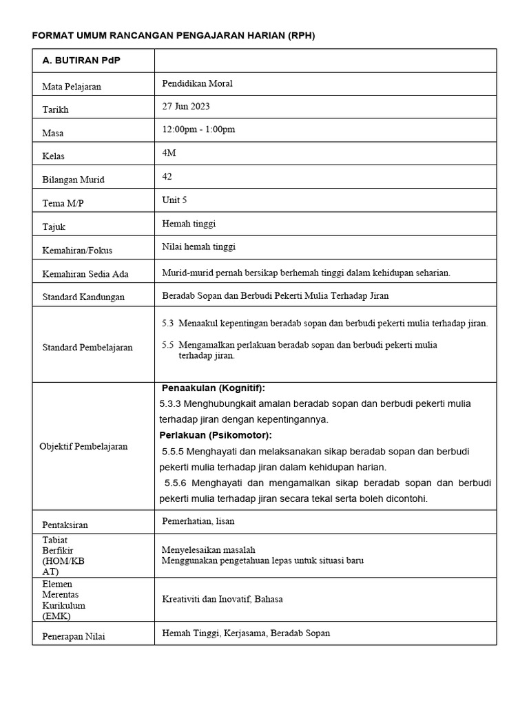 Format Umum Rancangan Pengajaran Harian (RPH) A. Butiran PDP | PDF