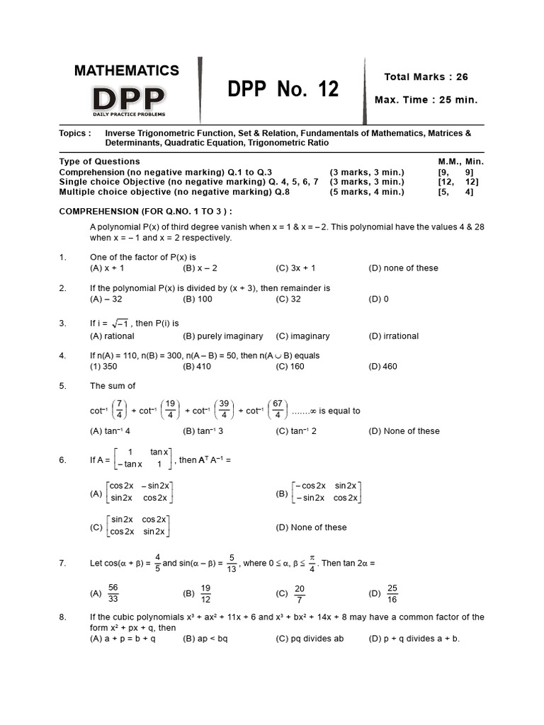 DPP 03 | PDF | Polynomial | Mathematics DPP 03 | PDF | Polynomial | Mathematics