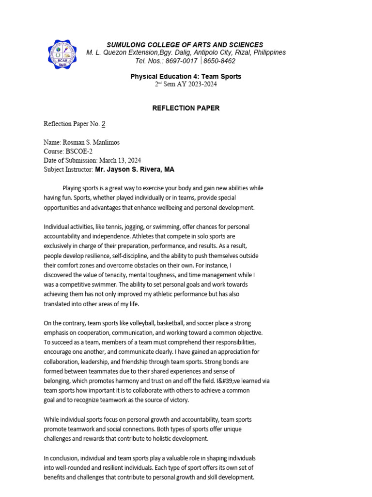 Benefits of Individual vs. Team Sports | PDF | Sports | Organizational ...