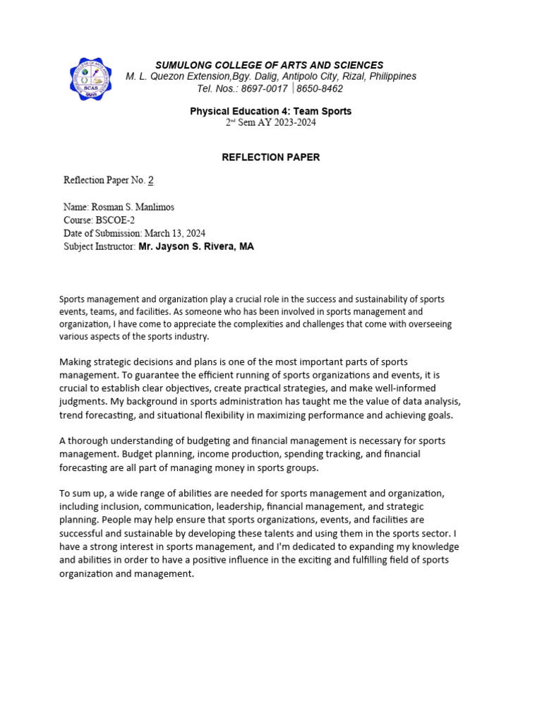REFLECTION ABOUT SPORTS MANAGEMENT AND ORGANIZATION | PDF