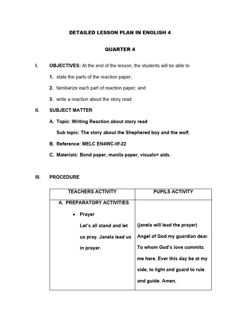Grade 4 English Lesson Plan: Reaction Paper | PDF | Prayer | Lesson Plan