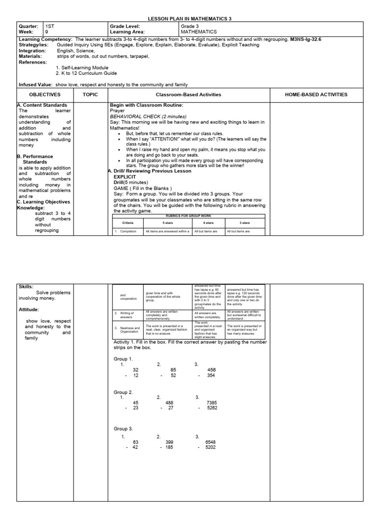 Grade 3 Math Subtraction Lesson Plan | PDF | Subtraction | Cognitive Science