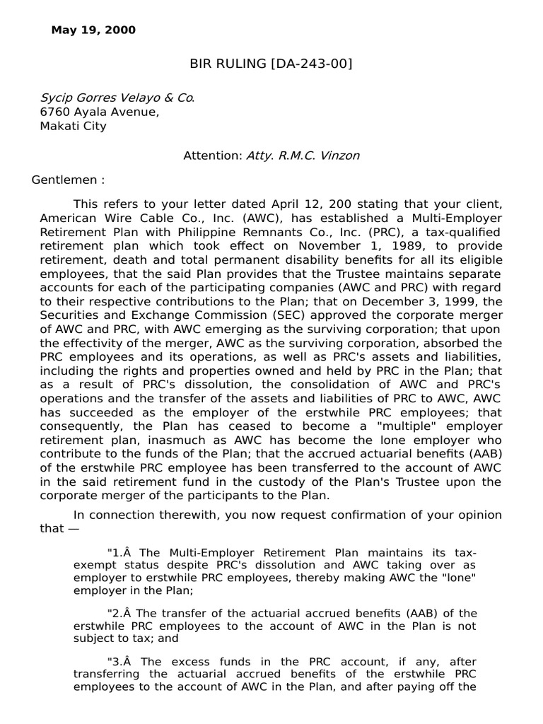 BIR Ruling (DA-243-00) | PDF | Pension | Trust Law