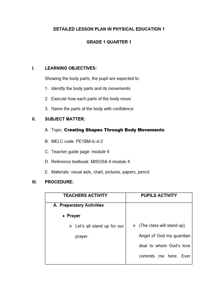 Grade 1 PE Lesson Plan: Body Movements | PDF | Shoulder | Human Anatomy