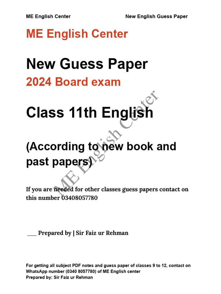 Class 11 New English Book Guess Paper | PDF | Muhammad Ali Jinnah | Sat