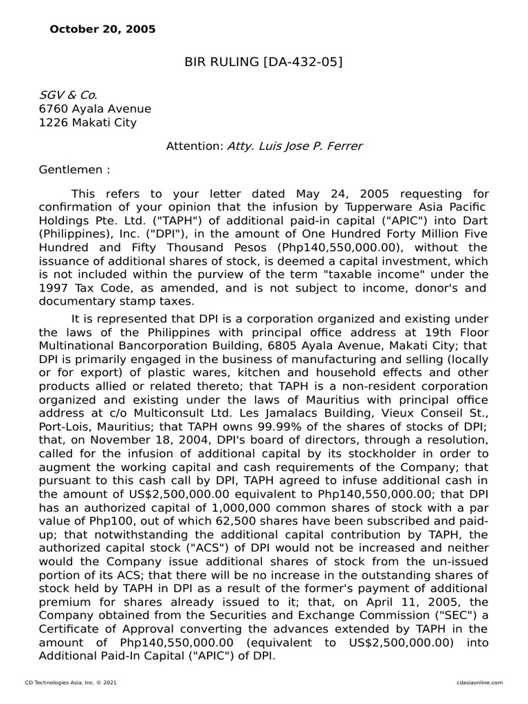 BIR Ruling (DA-432-05) | PDF | Stocks | Capital Surplus