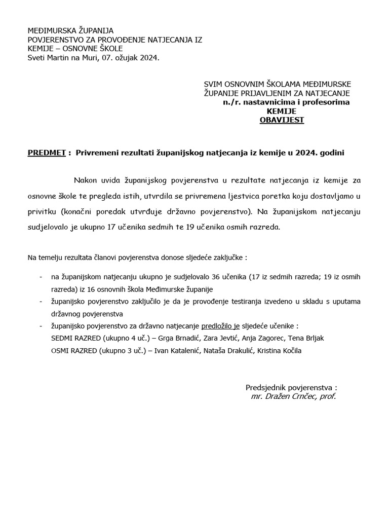 MEDIMURSKA ZUPANIJA Privremeni Rezultati Kemija Osnovne Skola 2024 | PDF