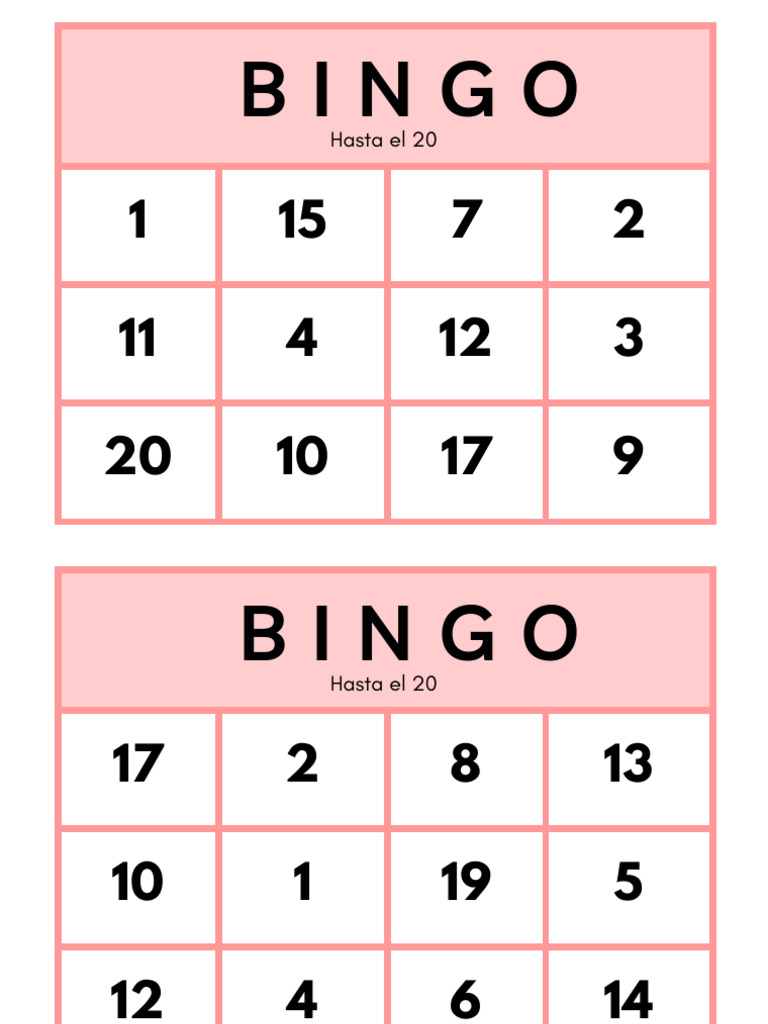 Bingo del 1 al 20 para imprimir | PDF