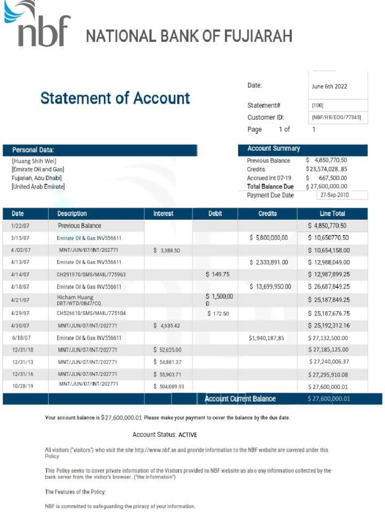 National Bank of Fujairah Statement of Account | PDF