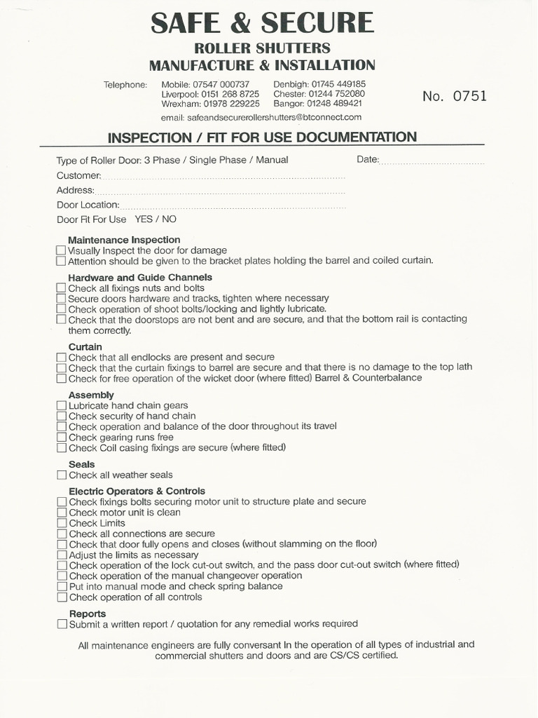 Safe Secure Roller Shutter Checklist Certification | PDF