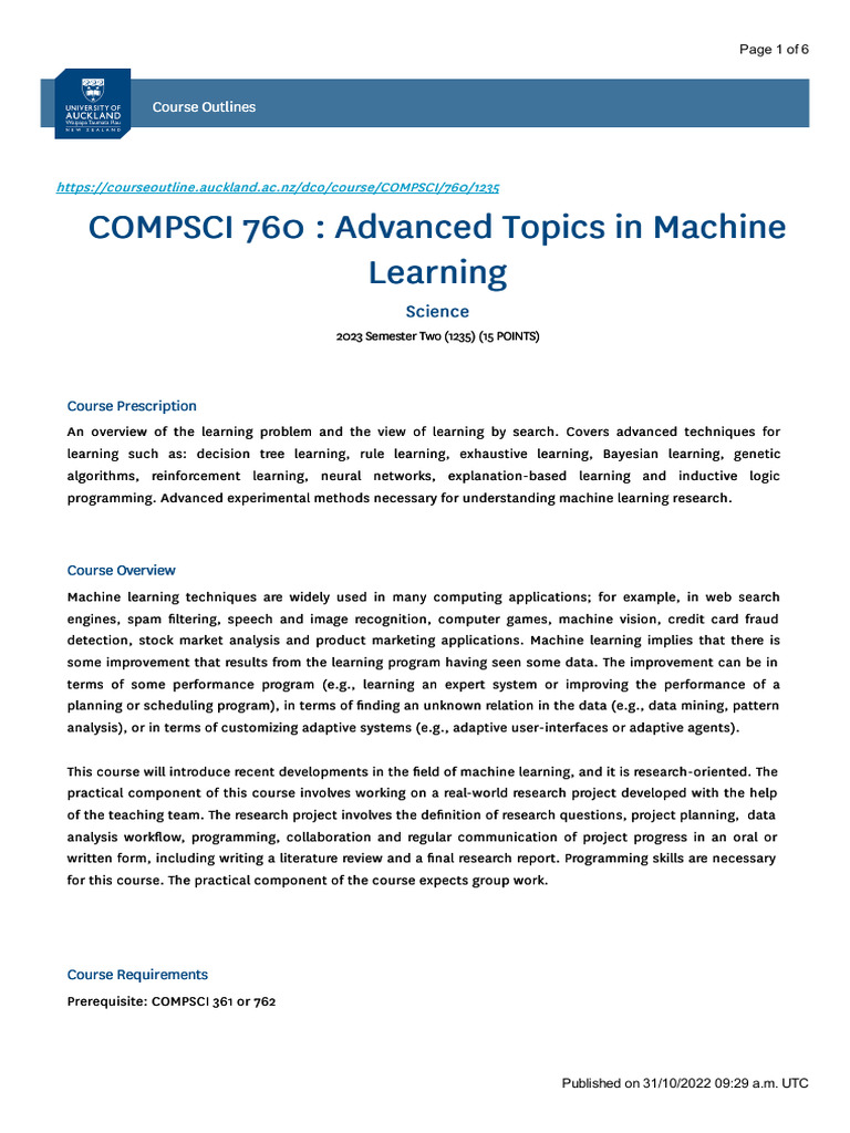 COMPSCI 760 - 2023 Semester Two - Advanced Topics in Machine Learning | PDF | Machine Learning ...