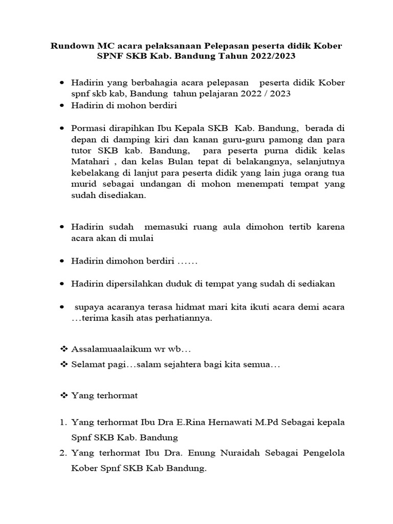 Rundown MC Acara Pelaksanaan Pelepasan Peserta Didik Kober 2023 | PDF