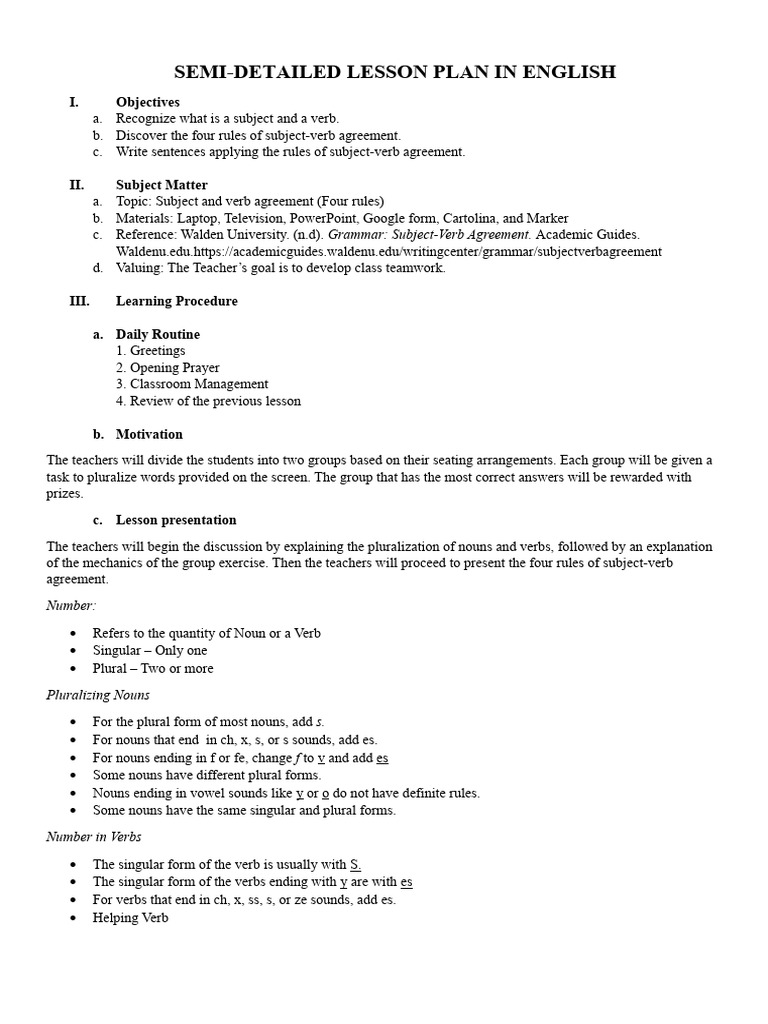 Semi-Detailed Lesson Plan | PDF | Plural | Verb