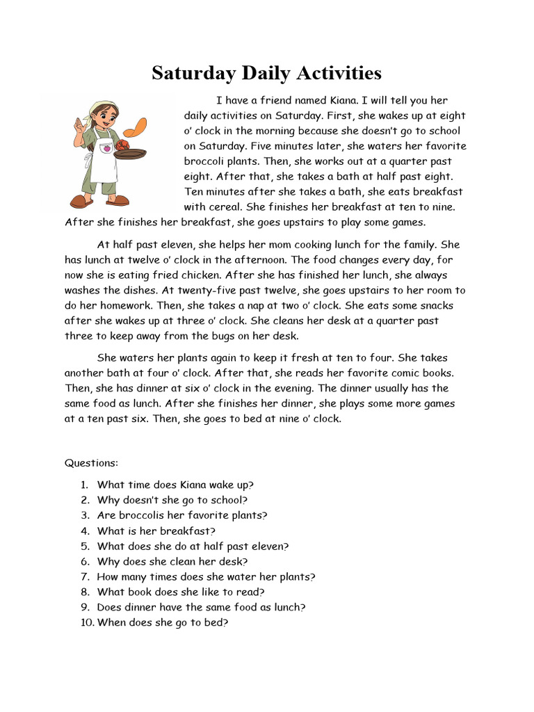 Saturday Daily Activities Reading Comprehension Exercises - 141346 | PDF