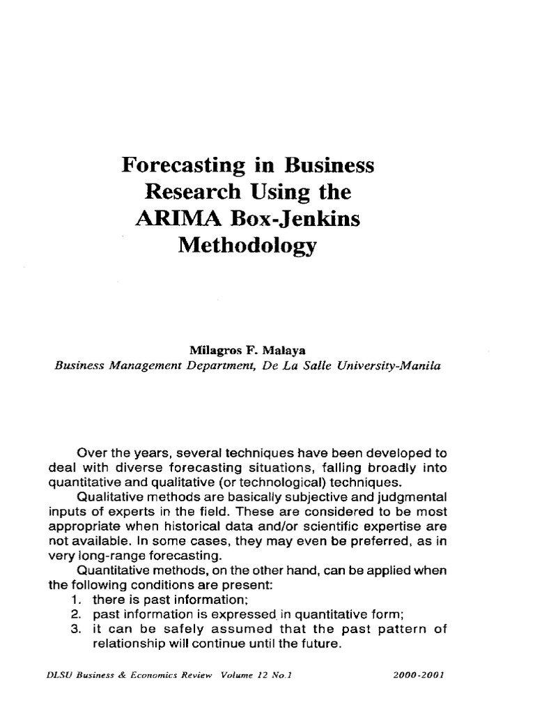 Forecasting In Business Research Using The Arima Box Jenkins Methodology Pdf Time Series