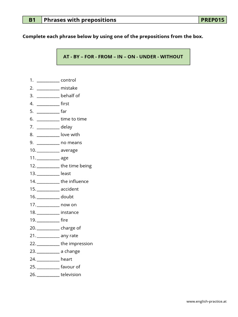 Phrases with prepositions - PDF Grammar Worksheet - B1 - PREP015 | PDF