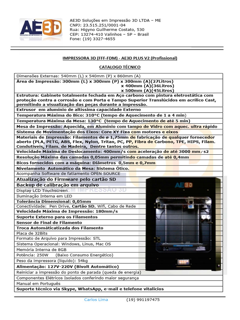CATALOGO TÉCNICO IMPRESSORA FDM AE3D PLUS V2 ( PROFISSIONAL) | PDF | Impressão 3D | Informática