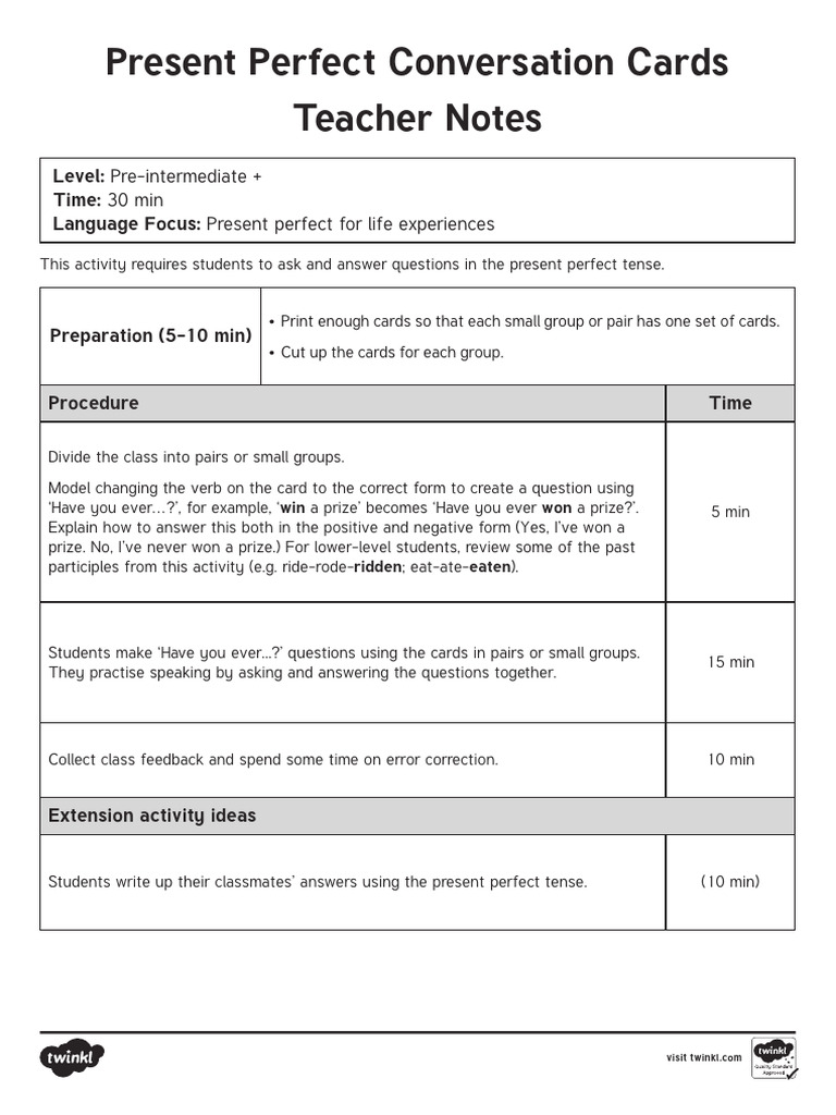 t2 e 41637 Present Perfect Conversation Cards English - Ver - 1 | PDF ...