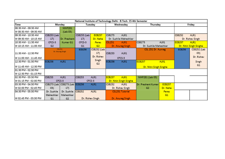 NIT Delhi B.Tech CS 4th Semester Schedule | PDF