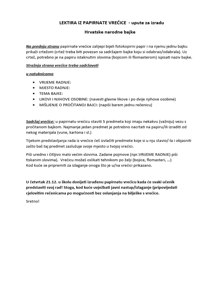 Lektira Iz Vrećice - Upute Za Izradu | PDF