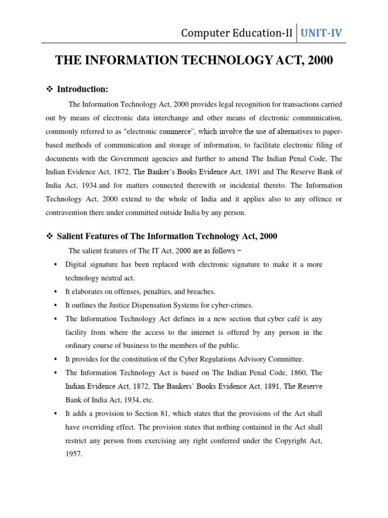 Salient Features of IT Act 2000 | PDF