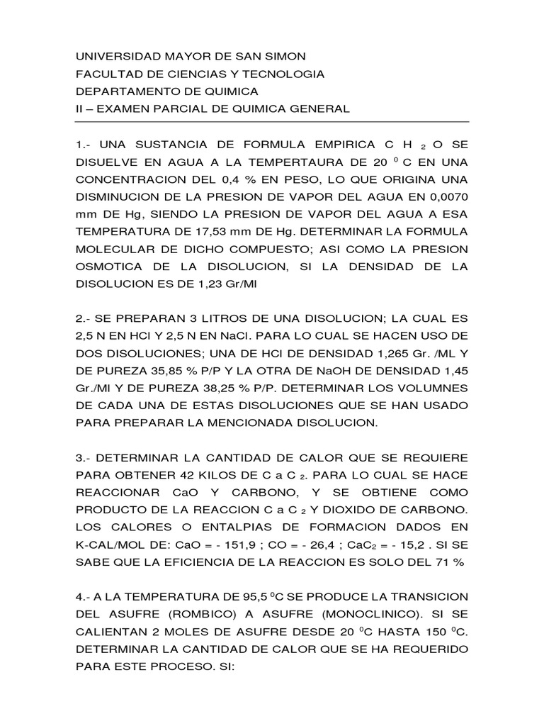 Examen de Quimica | PDF | Mole (Unidad) | Óxido de zinc