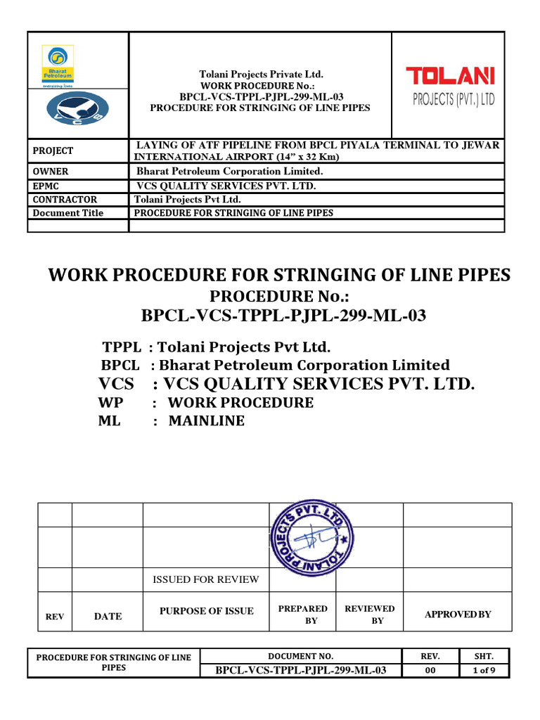 Ml-03 Work Procedure For Stringing | PDF | Pipe (Fluid Conveyance) | Pipeline Transport