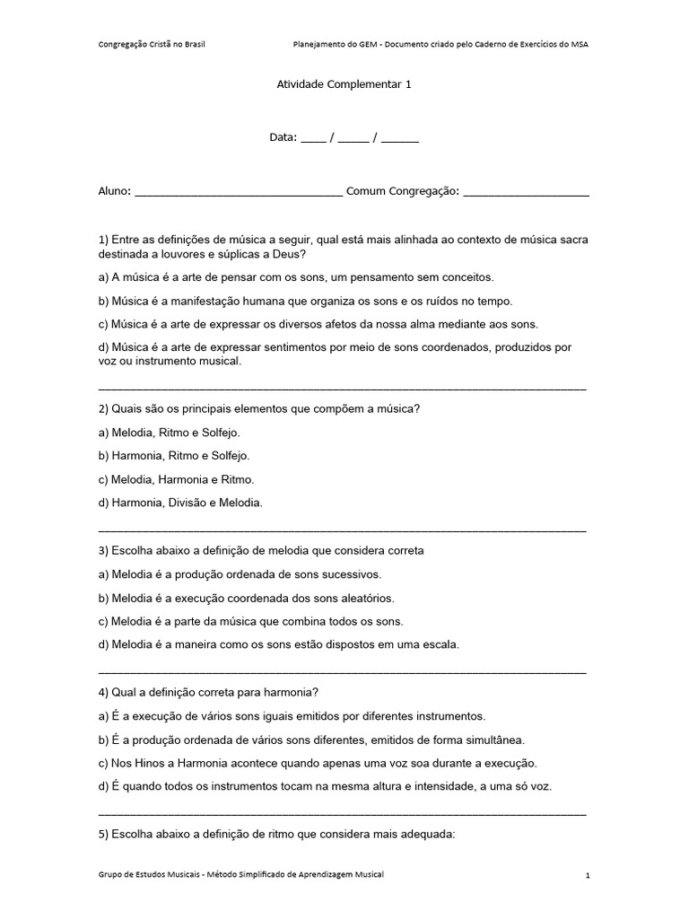 Exercícios Atividade Complementar 1 | Download grátis PDF | Som | Pitch (música)