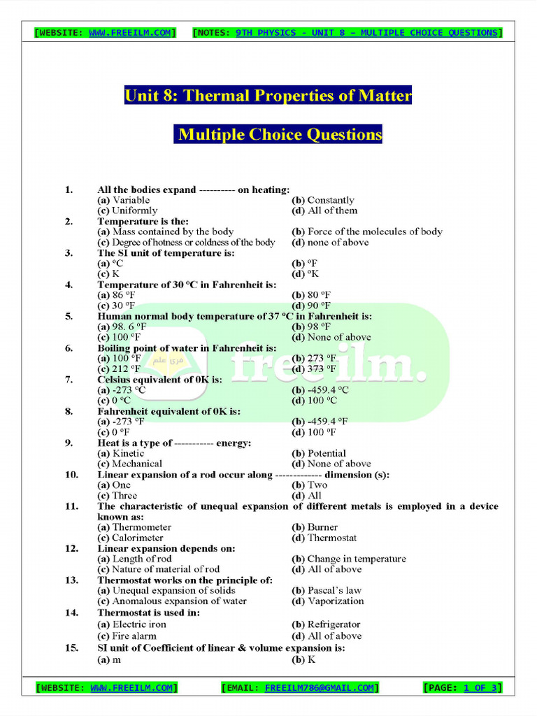 9th Phy CH 8 MCQs | PDF