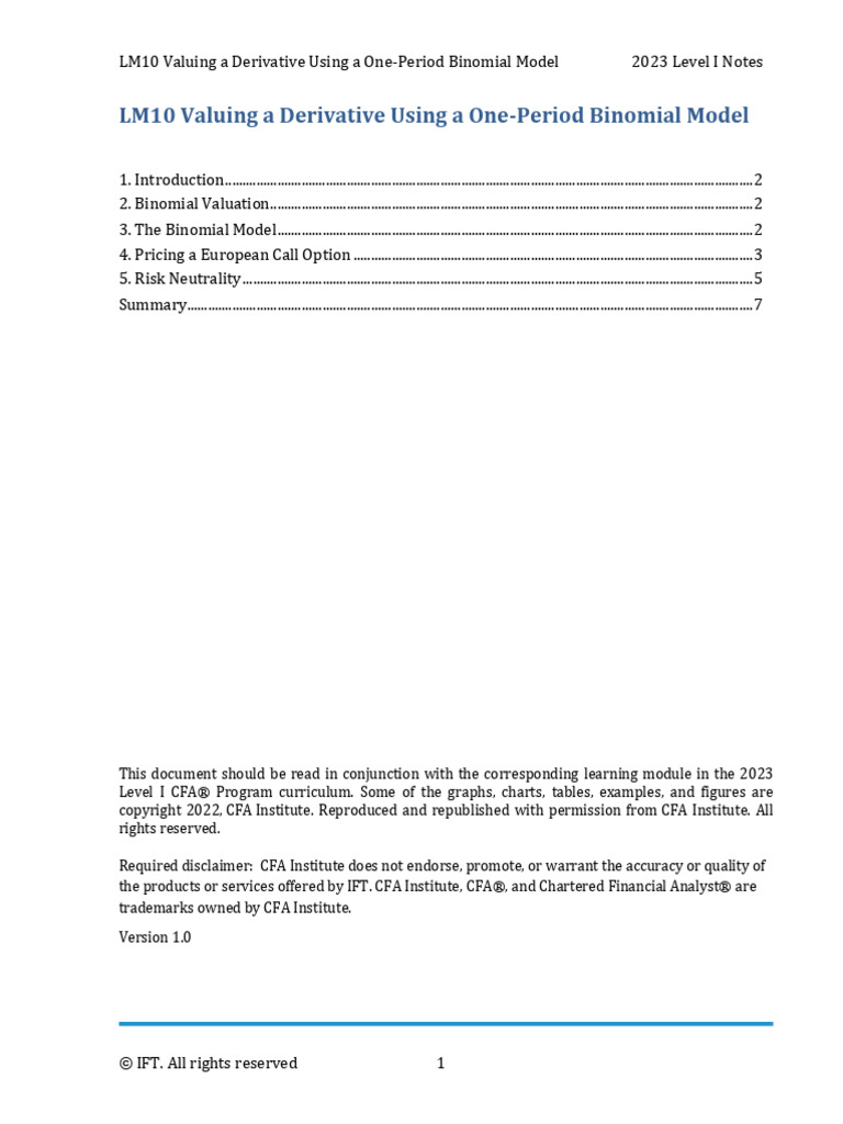 LM10 Valuing A Derivative Using A One-Period Binomial Model IFT Notes ...