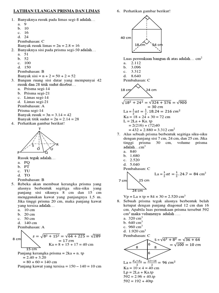 Soal Dan Pembahasan Lat Uh Prisma Dan Limas | PDF