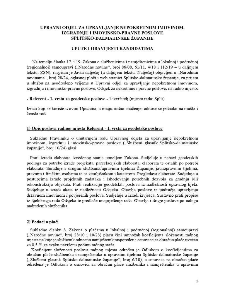 Referent 1. Vrsta Za Geodetske Poslove - Upute I Obavijesti | PDF