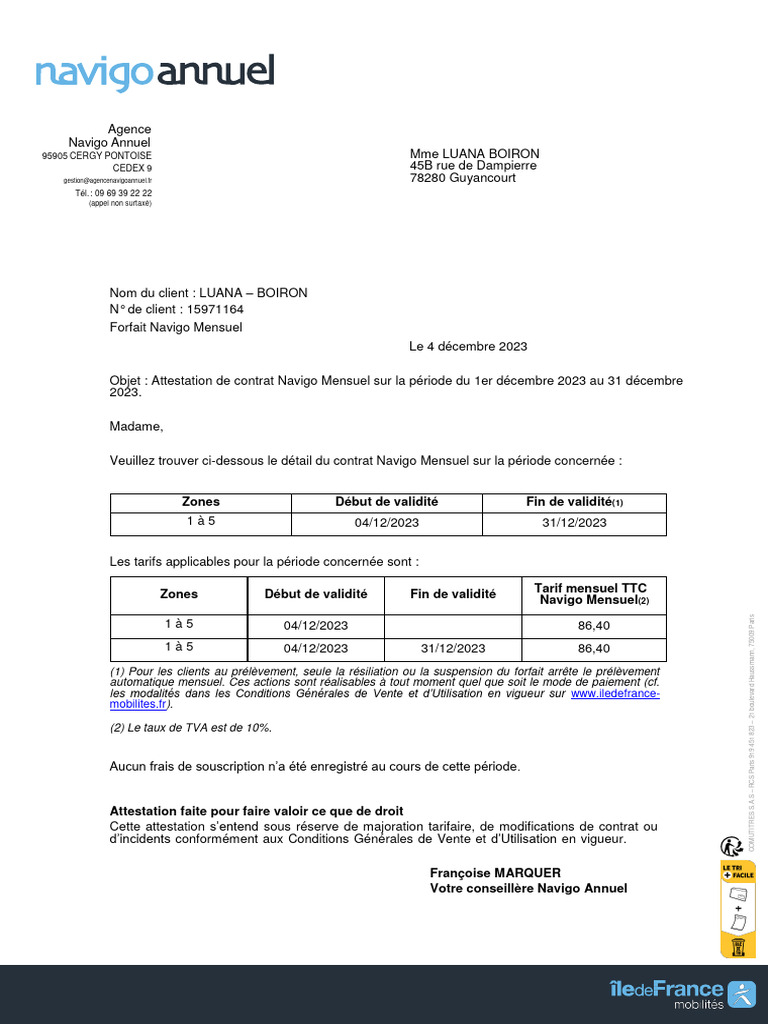 Attestation Navigo Mensuel Décembre 2023 | PDF | Taxe sur la valeur ...