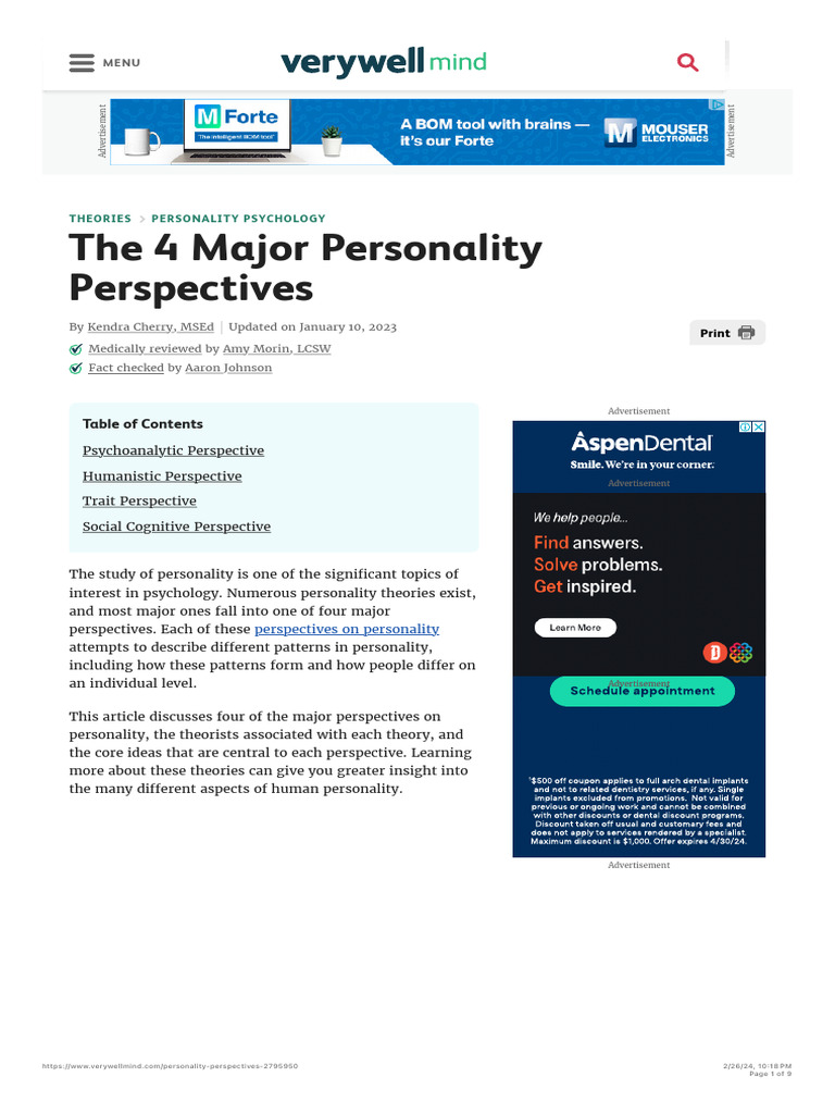 Overview of Major Personality Theories | PDF | Humanistic Psychology ...
