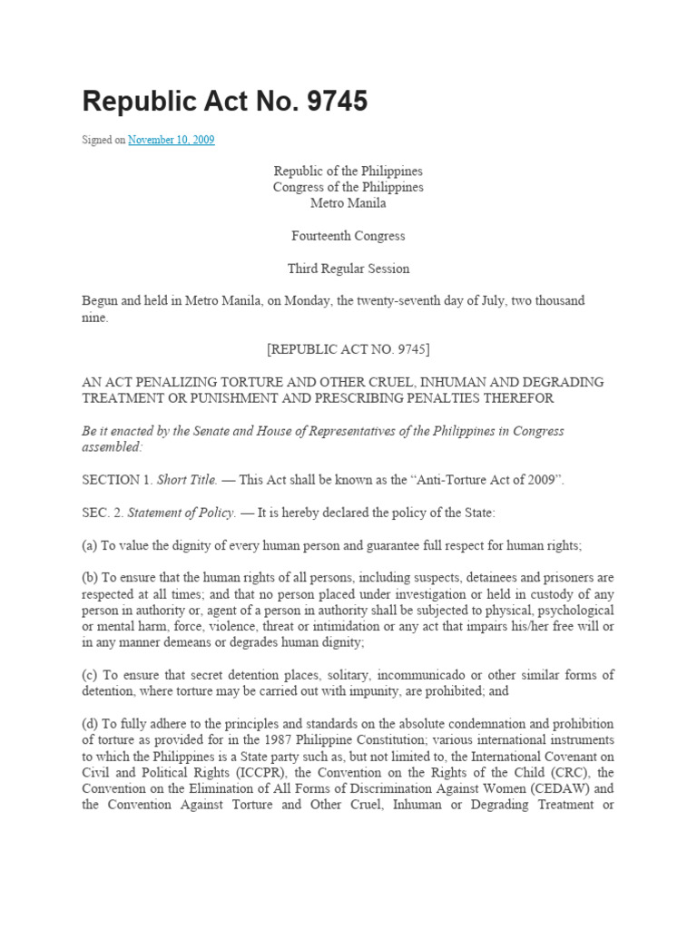 Republic Act No. 9745 | PDF | Detention (Imprisonment) | Torture