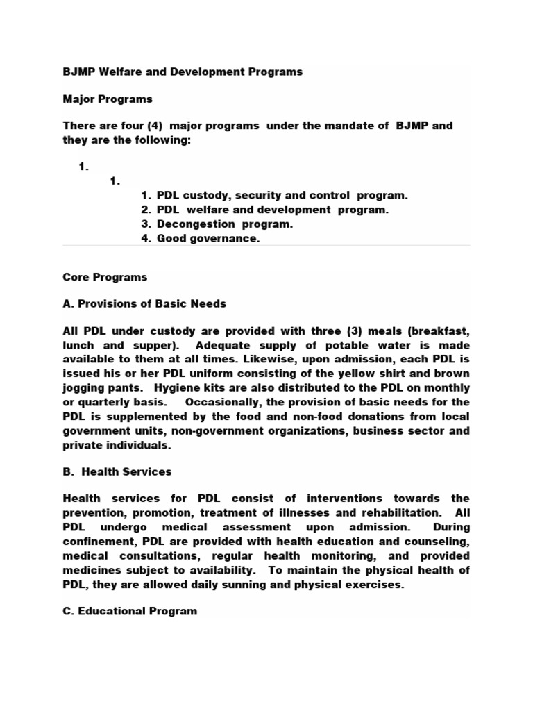 BJMP Welfare and Development Programs | PDF | Prison | Disability