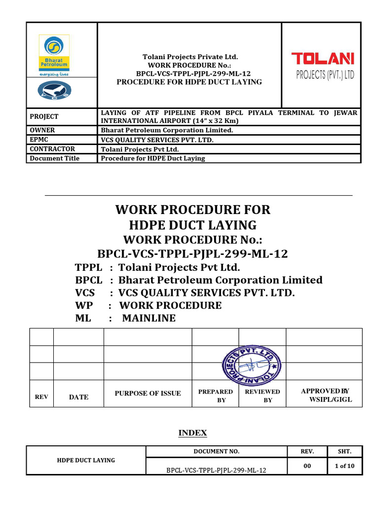 HDPE Duct Laying Procedure for ATF Pipeline | PDF | Duct (Flow) | Pipe ...