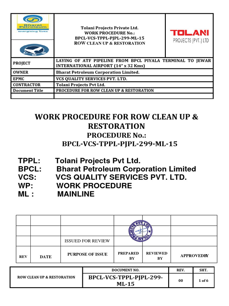 Ml-15 Work Procedure For Row Clean Up & Restoration | PDF | Tillage | Road