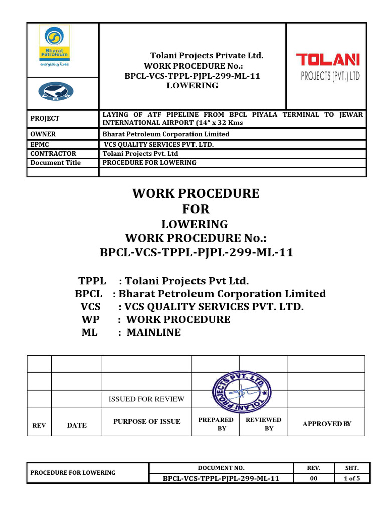 Ml-11 Work Procedure for Lowering | PDF | Pipe (Fluid Conveyance) | Pipeline Transport